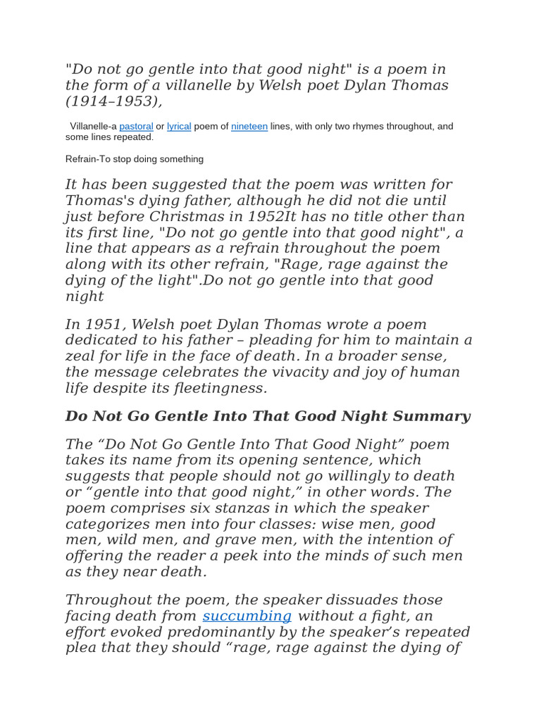 Do Not Go Gentle Into That Goodnight - Dylan Thomas | PDF