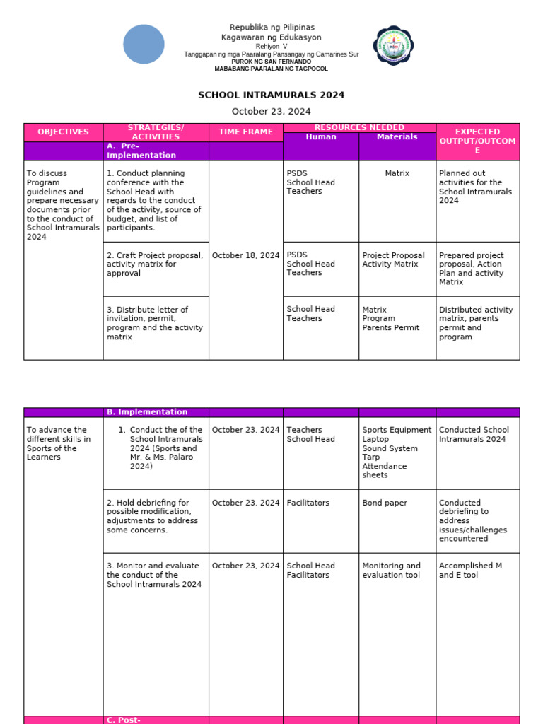 School Intramurals Program 2024 Plan | PDF