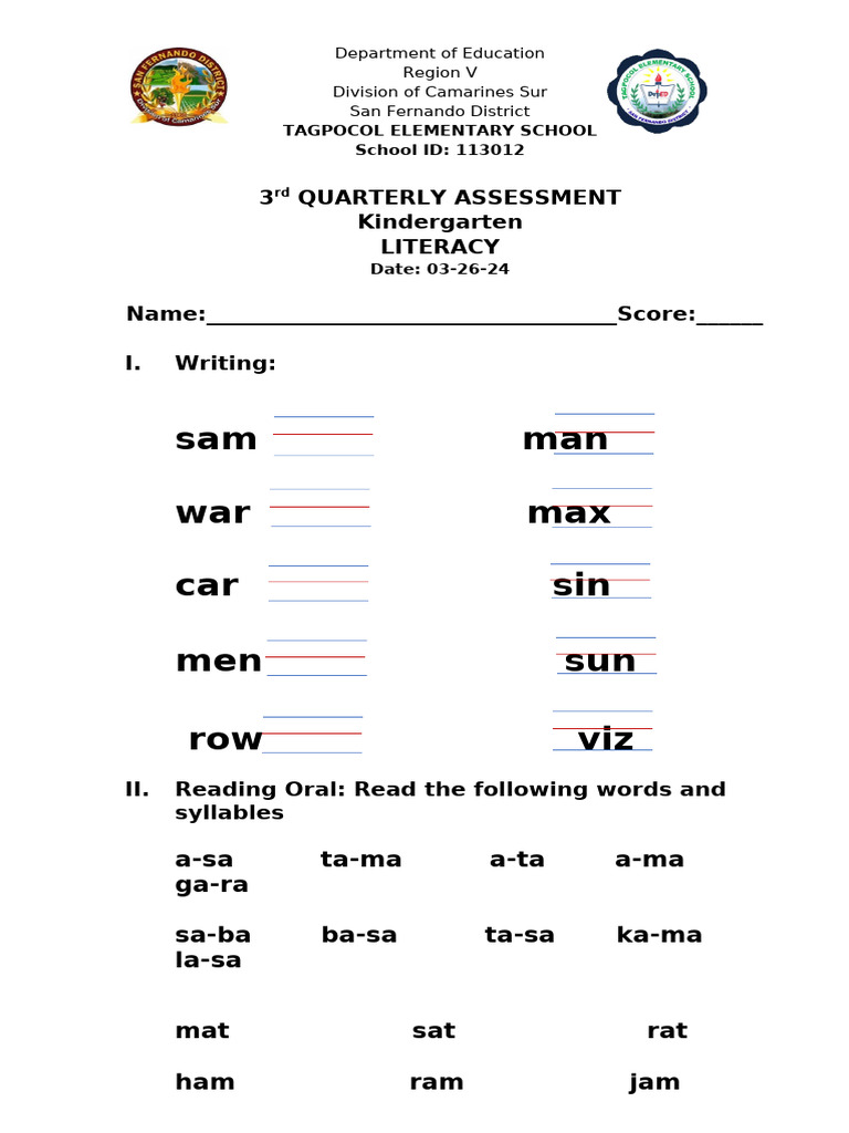 Exam kinder 2024 3rd and 4th quarter | PDF | Reading (Process)