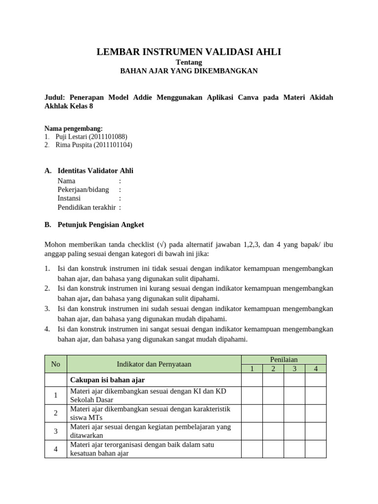 Lembar Validasi Bahan Ajar | PDF