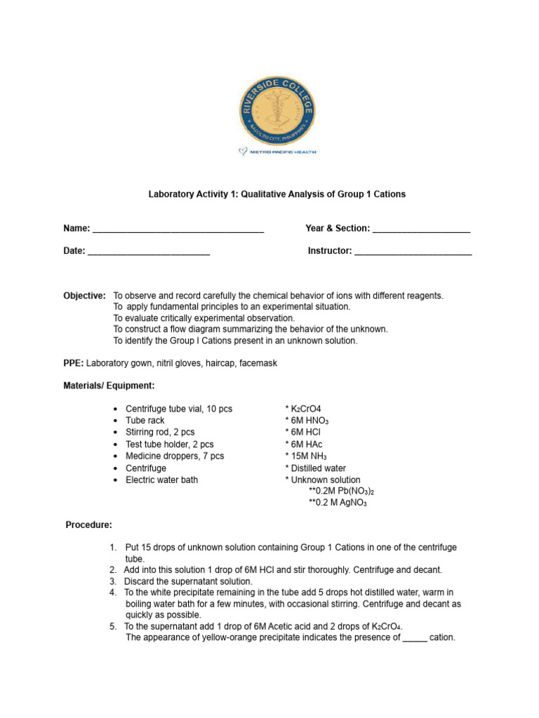 Experiment No. 1 Group I Cations | PDF | Precipitation (Chemistry ...