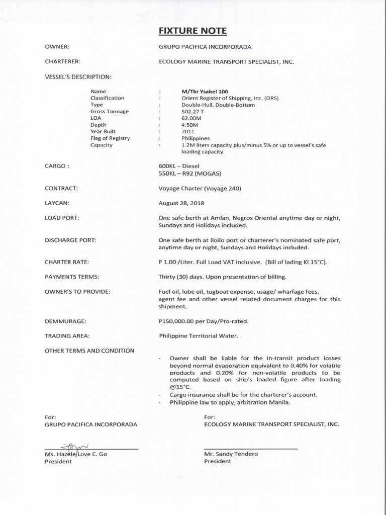 Fixture Note - Ysabel 100 Voyage 240 | PDF