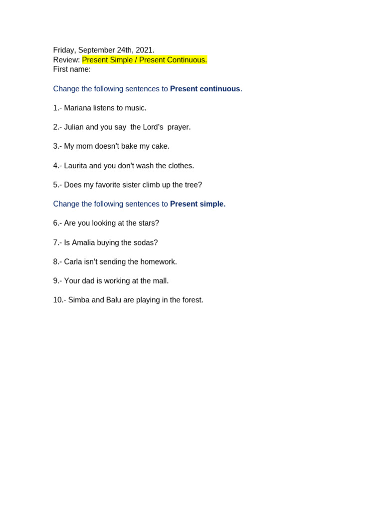 Present Simple vs. Present Continuous Review | PDF