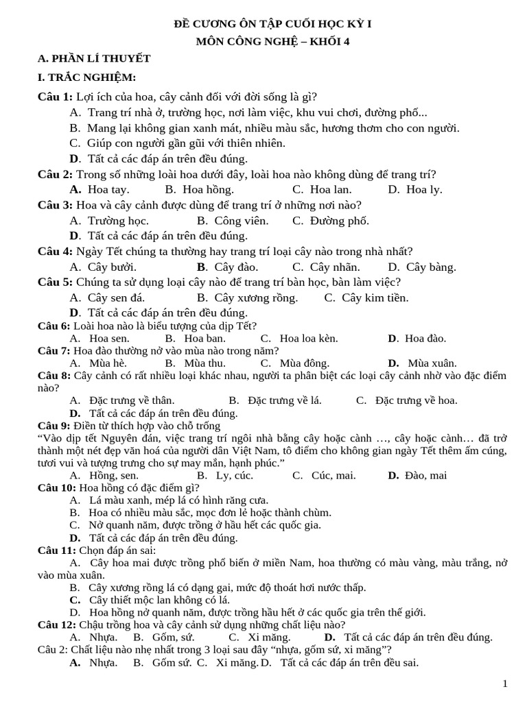 Có đáp án- CN 4- ĐỀ CƯƠNG ÔN TẬP CUỐI HK1 | PDF