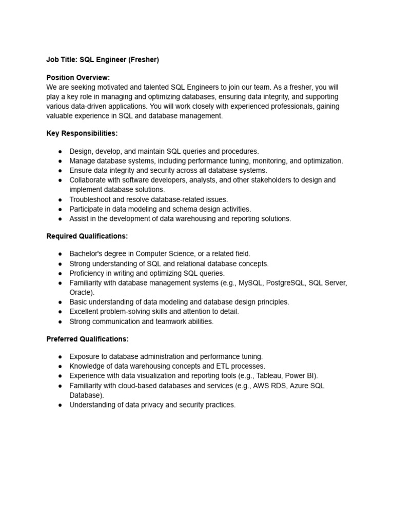 Entry-Level SQL Engineer Job Opening | PDF
