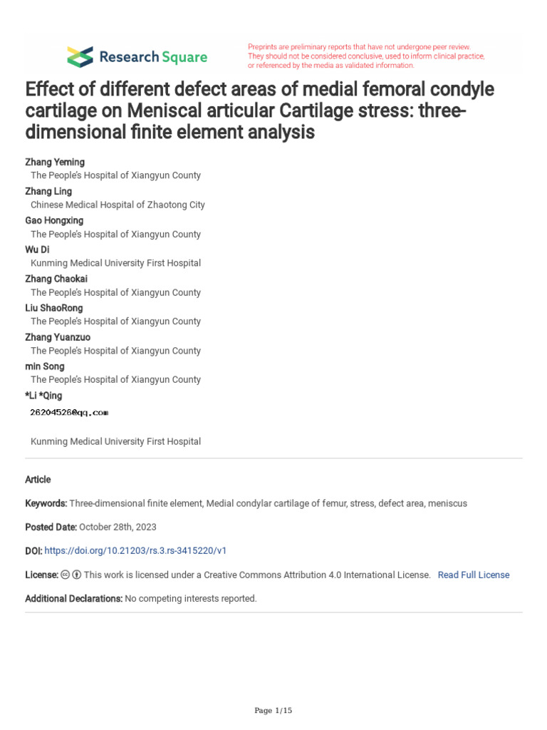 Effect of Different Defect Areas of Medial Femoral Condyle - Yeming ...