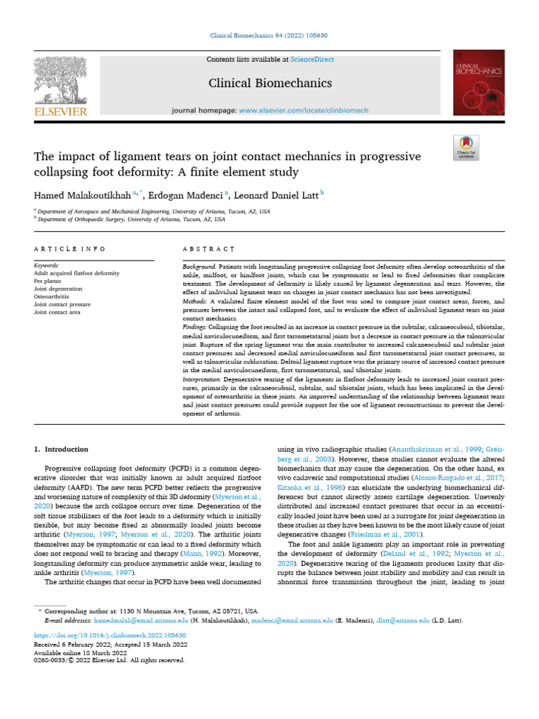 The impact of ligament tears on joint contact mechanics in progressive ...