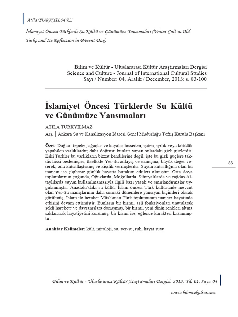 İslamiyet Öncesi Türklerde Su Kültü ve Günümüze Yansımaları | PDF