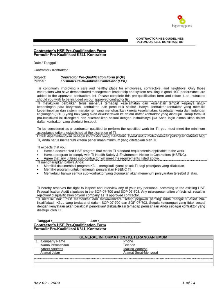 Contractor’s HSE Pre-Qualification Form | PDF