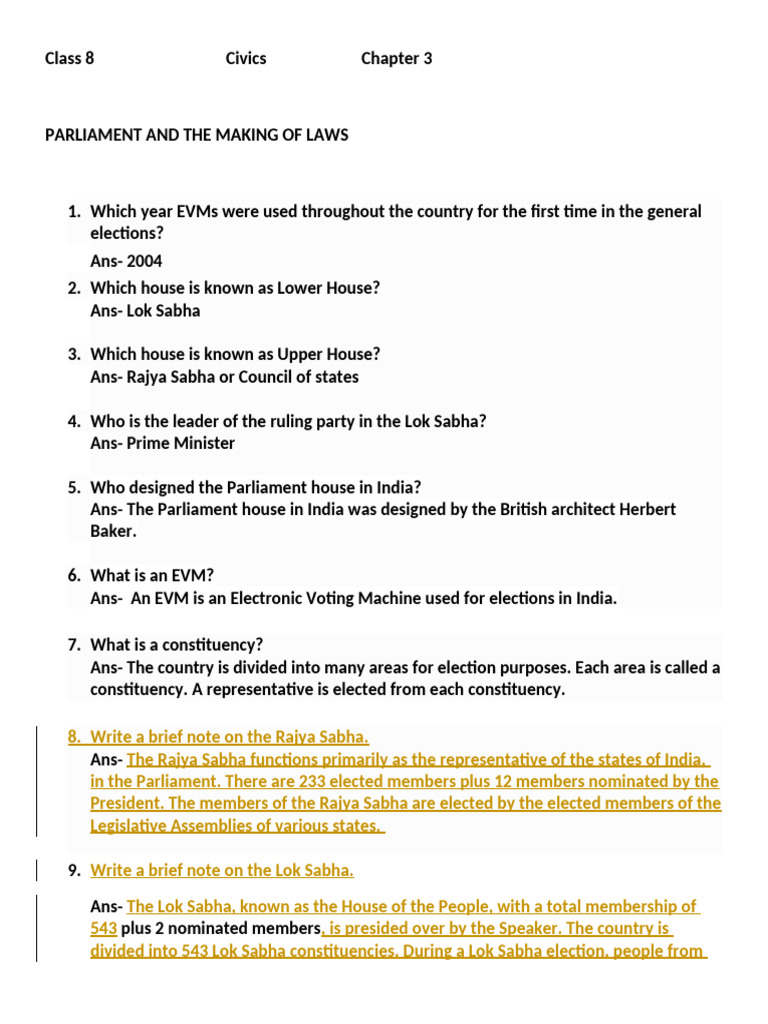 Class 8 Civics Chapter 3 PARLIAMENT AND THE MAKING OF LAWS | PDF ...