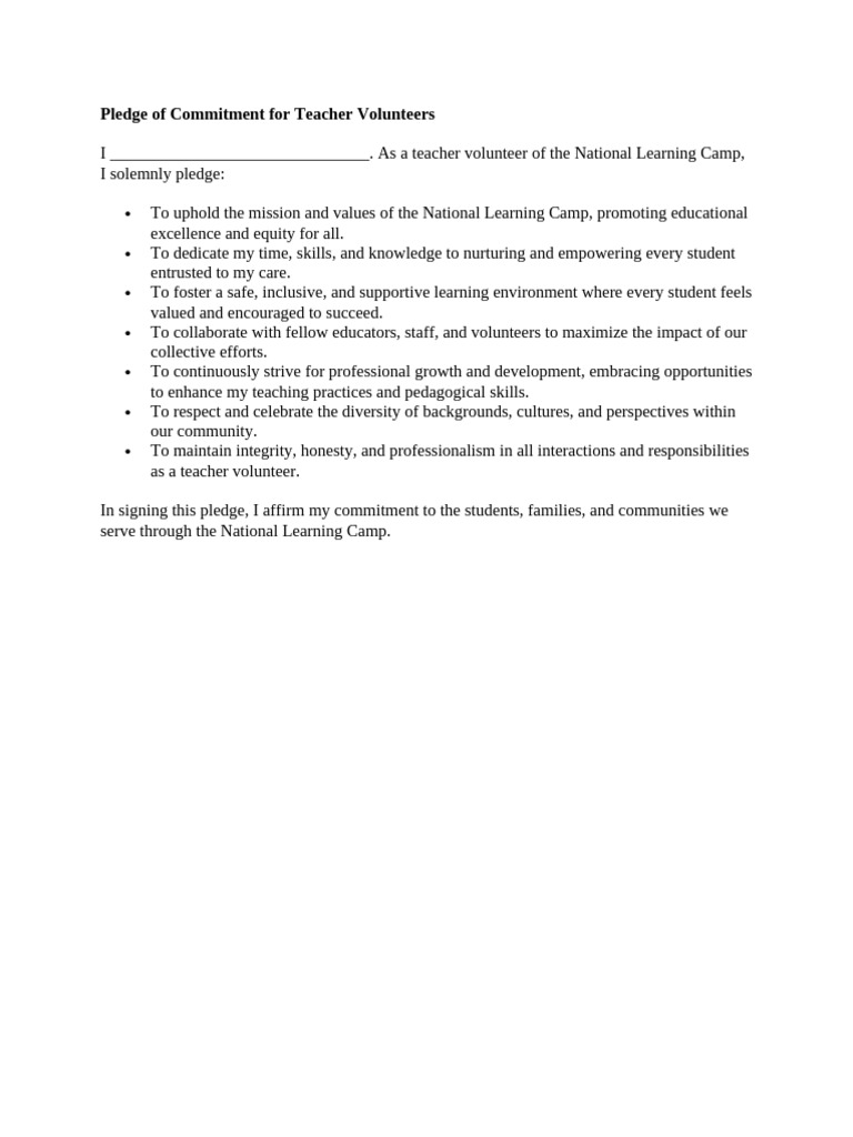 Pledge of Commitment For Teacher Volunteers | PDF | Learning | Teachers