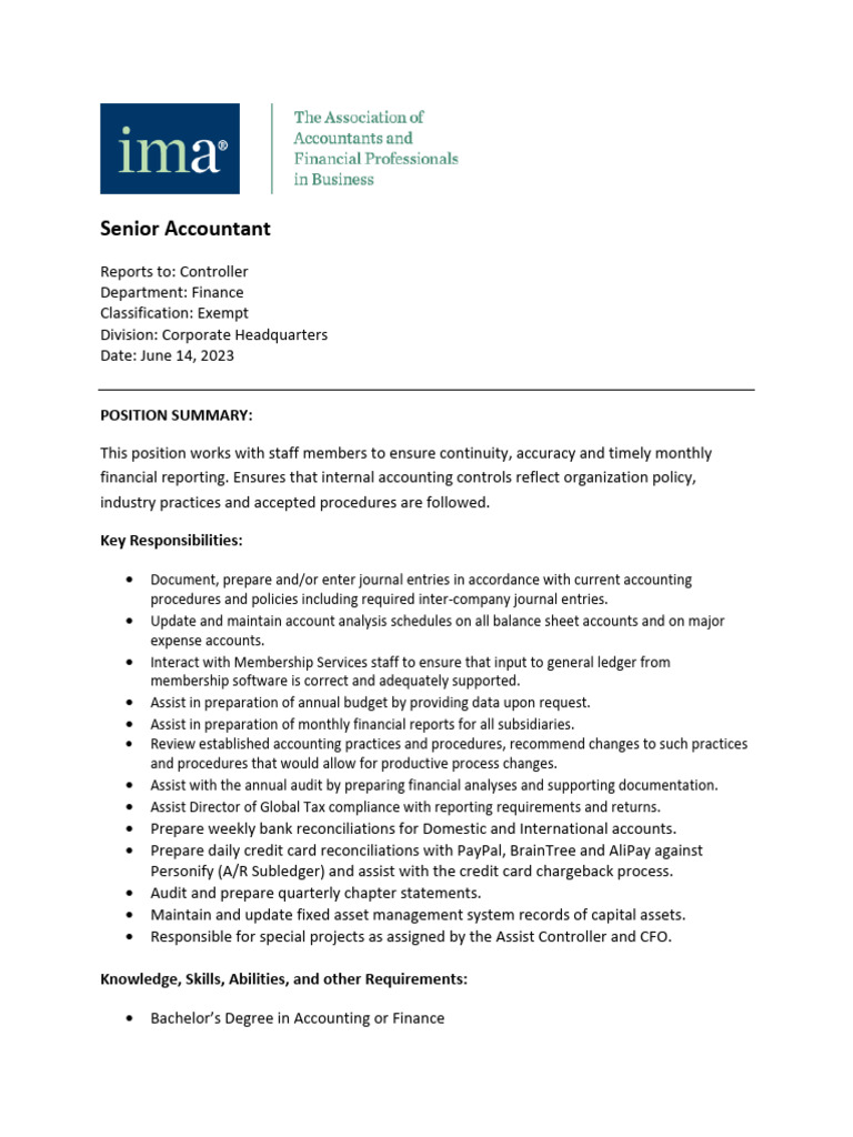 Senior Accountant Job Description | PDF