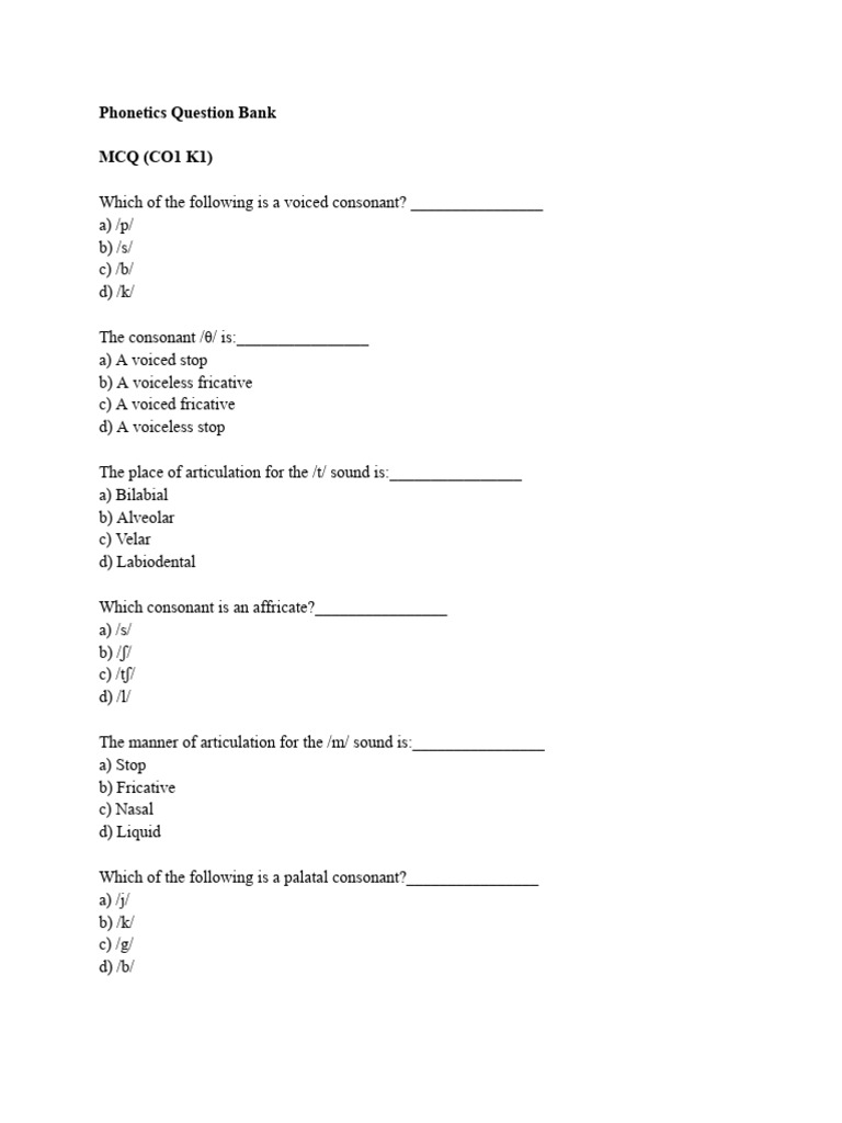 Phonetics Question Bank MCQ (CO1 K1) | PDF | Consonant | Phonetics