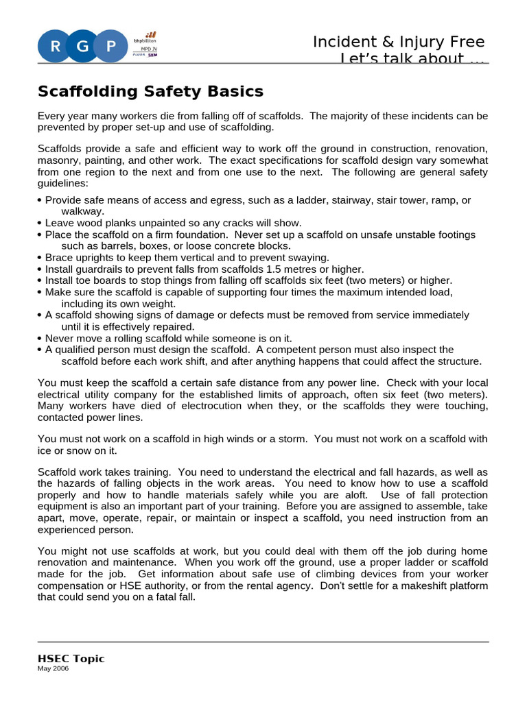 Scaffolding Safety Basics | PDF | Scaffolding