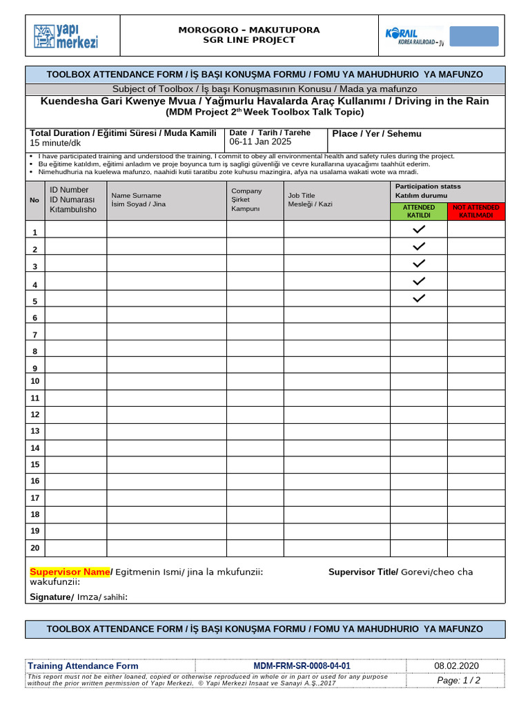 Toolbox Attendence Form (2th Week) | PDF