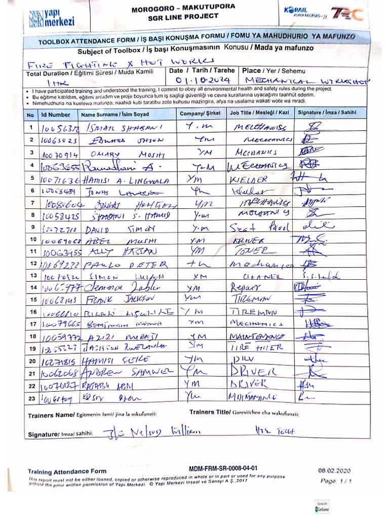 Filled Toolbox Attendance Form | PDF