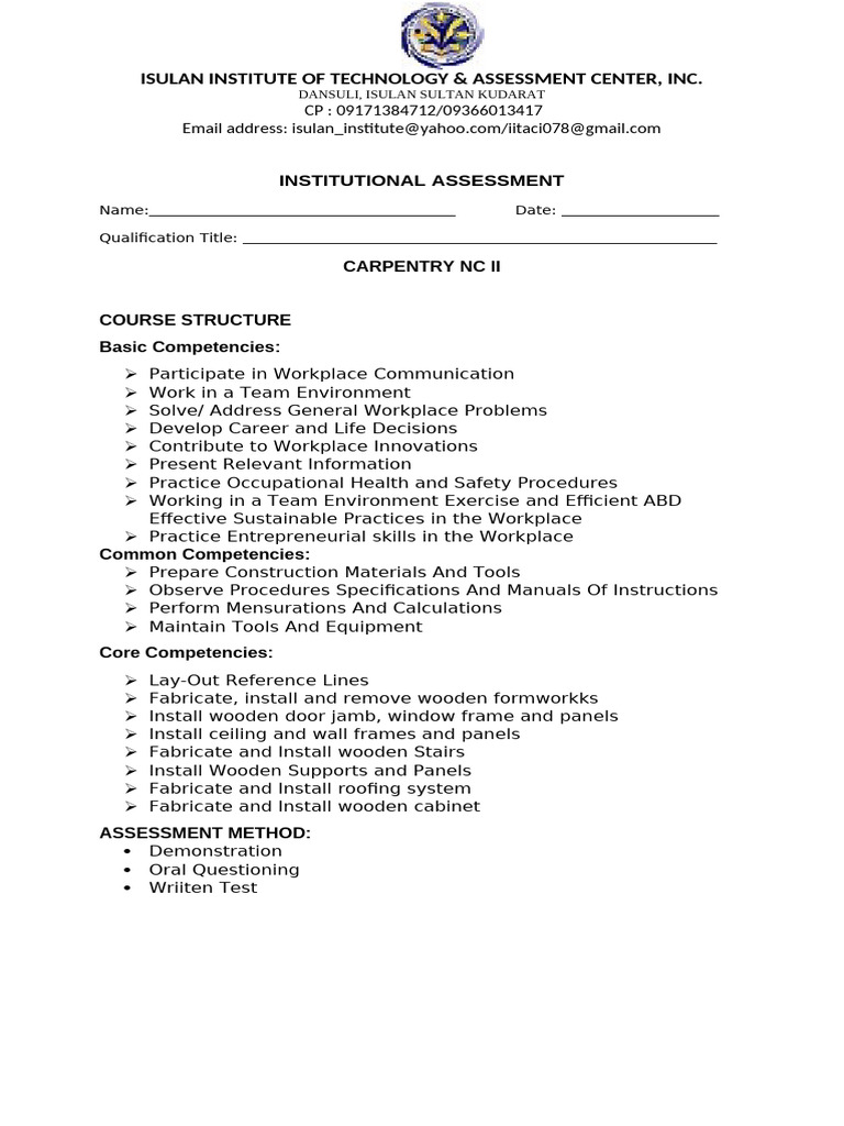 Institutional Assessment | PDF | Carpentry | Framing (Construction)
