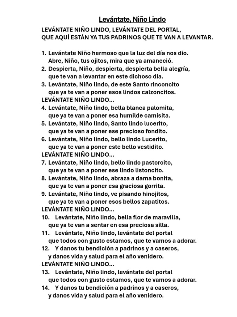 Letra de "Levántate, Niño Lindo" | PDF