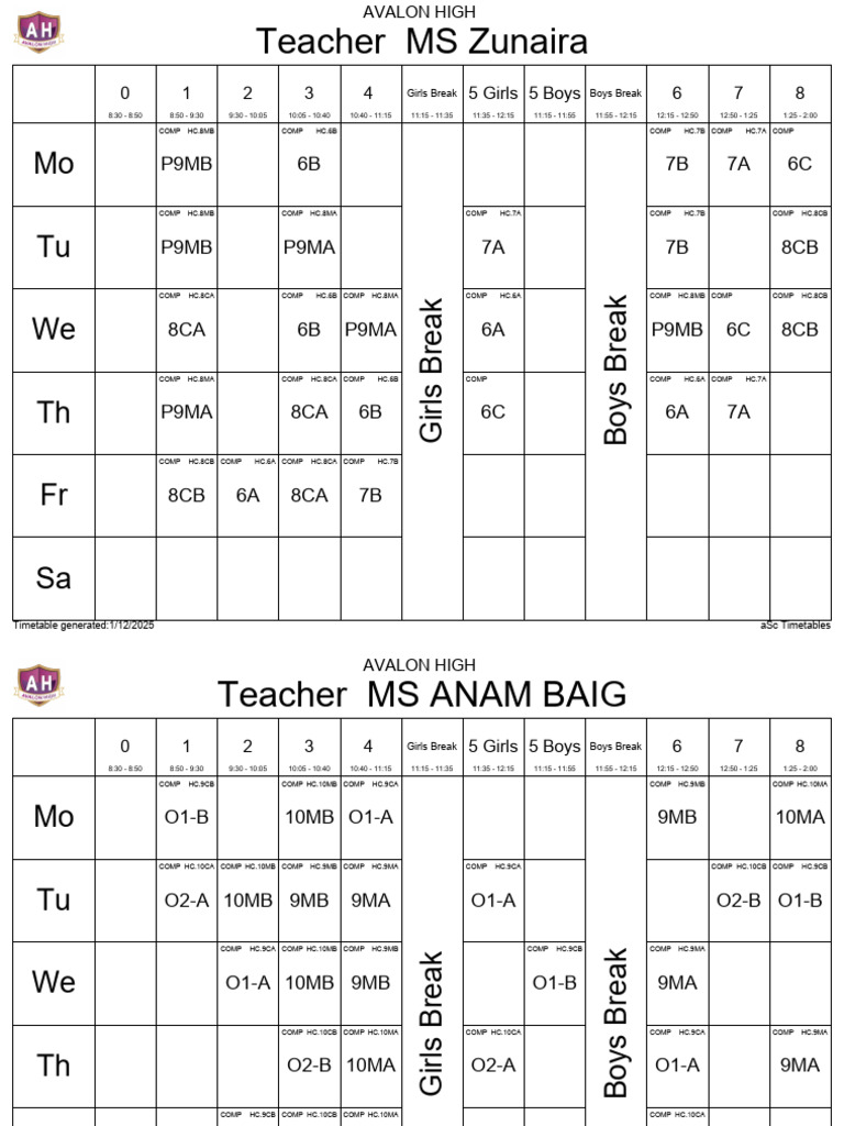 Timetable 13th Jan 2025 Teachers | PDF | Urdu