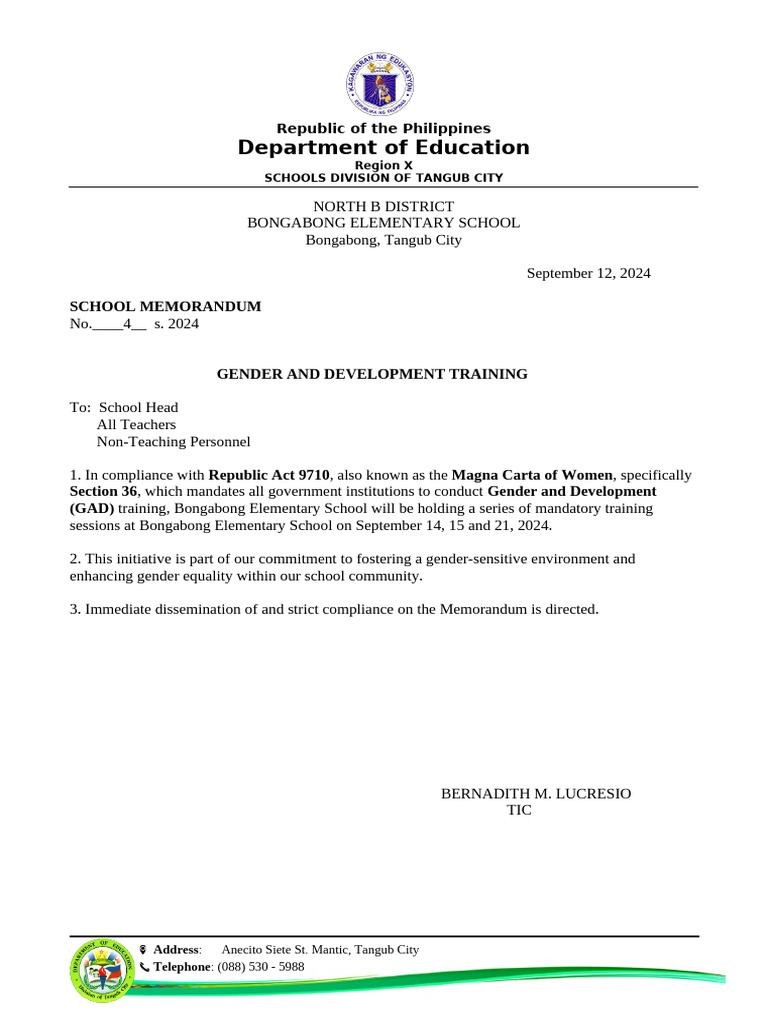 Gender and Development Training Memo | PDF