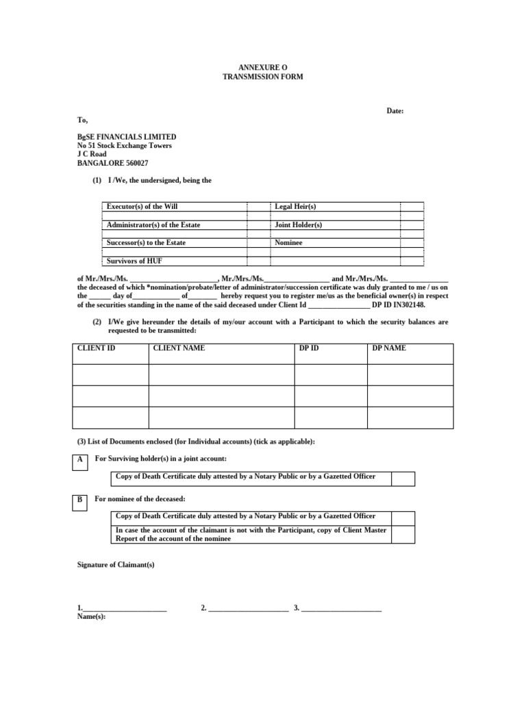 NEW TRANSMISSION FORMAT ANNEXURE O | PDF | Notary Public | Probate