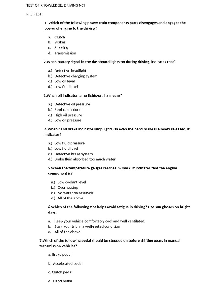 Test of Knowledge Driving Ncii | PDF | Clutch | Vehicles