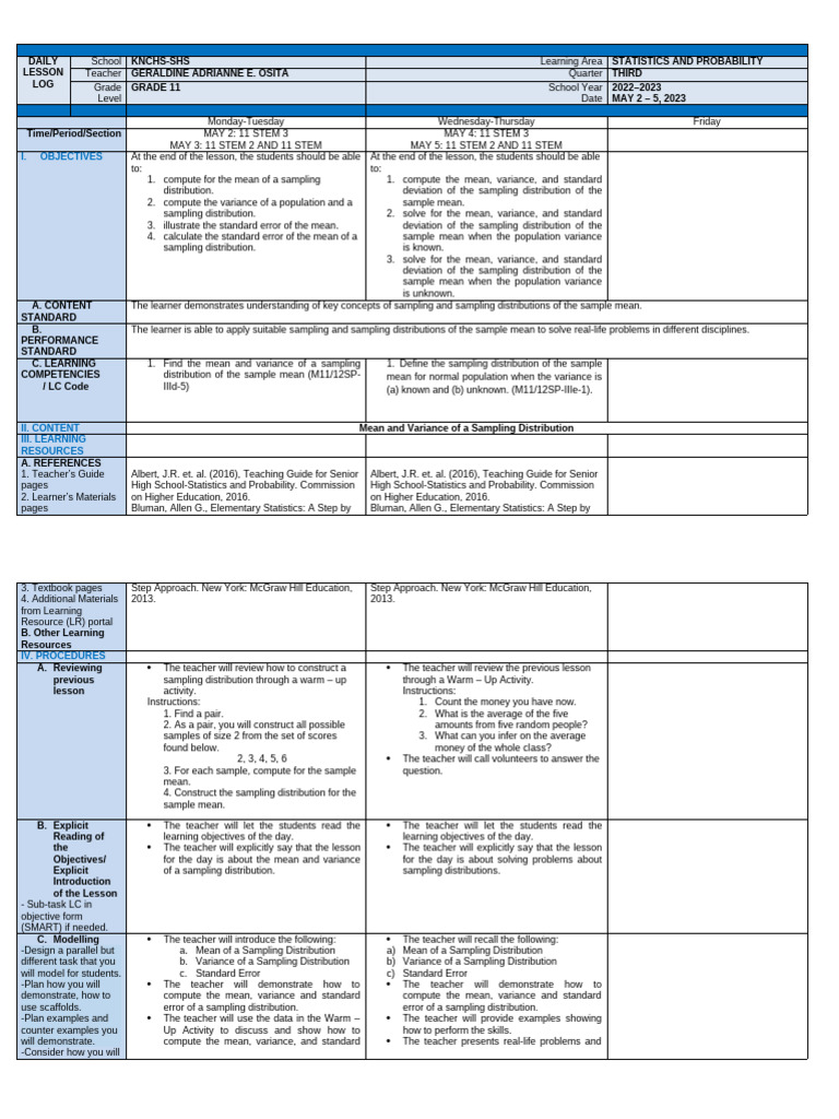 Lesson 10 Mean and Variance of Sampling Distribution | PDF | Standard Error | Variance