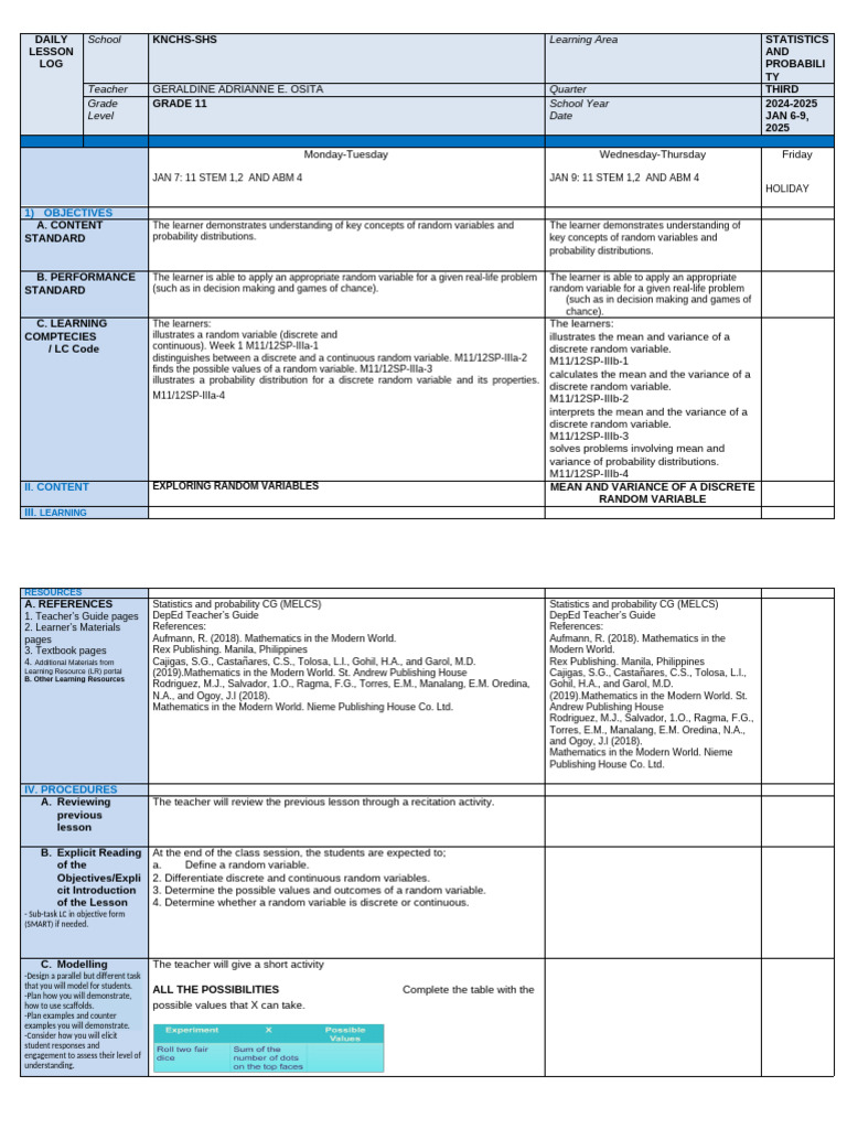 Grade 11 Statistics Lesson Plan | PDF | Probability Distribution ...