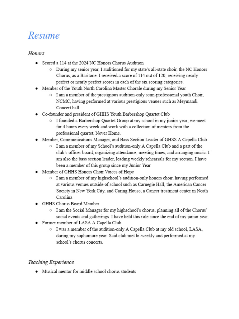 Choir Resume and Repertoire Overview | PDF | Choir | Vocal Music