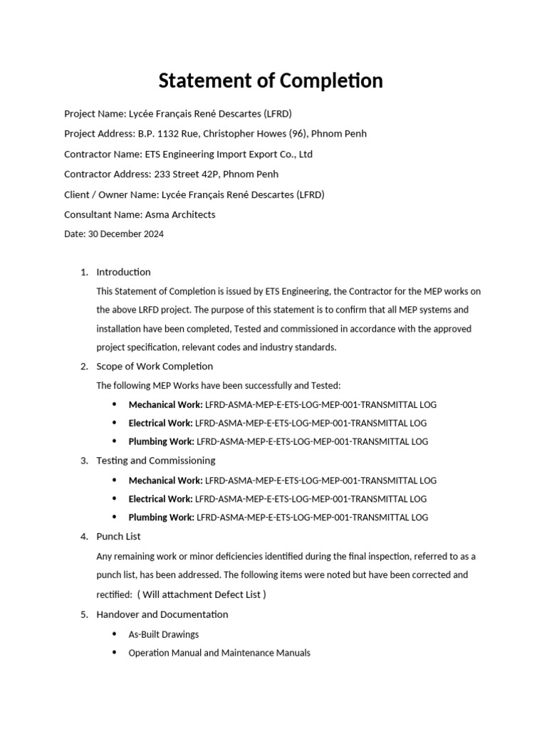 Statement of Completion | PDF