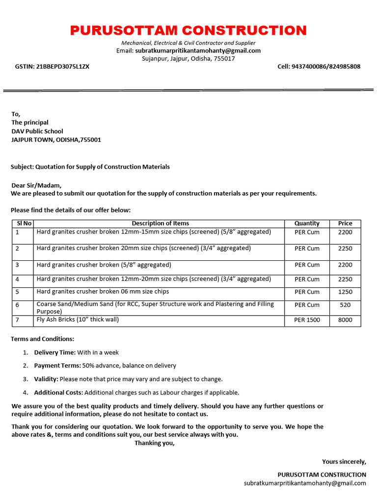 Purusottam Construction Qutation of Dav Public School | PDF | Building Materials | Materials