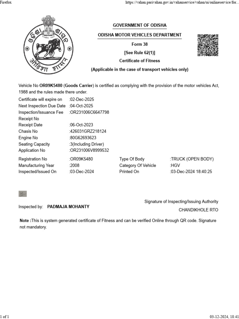 Government of Odisha Odisha Motor Vehicles Department Form 38 (See Rule ...