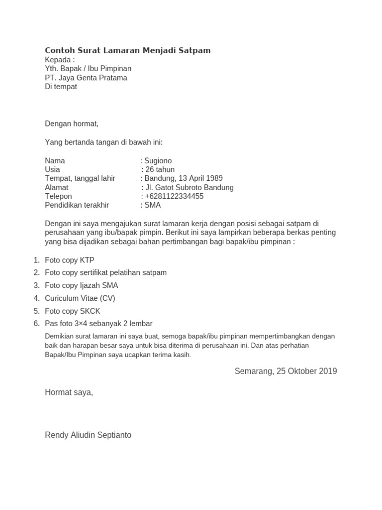 Contoh Surat Lamaran Menjadi Satpam | PDF