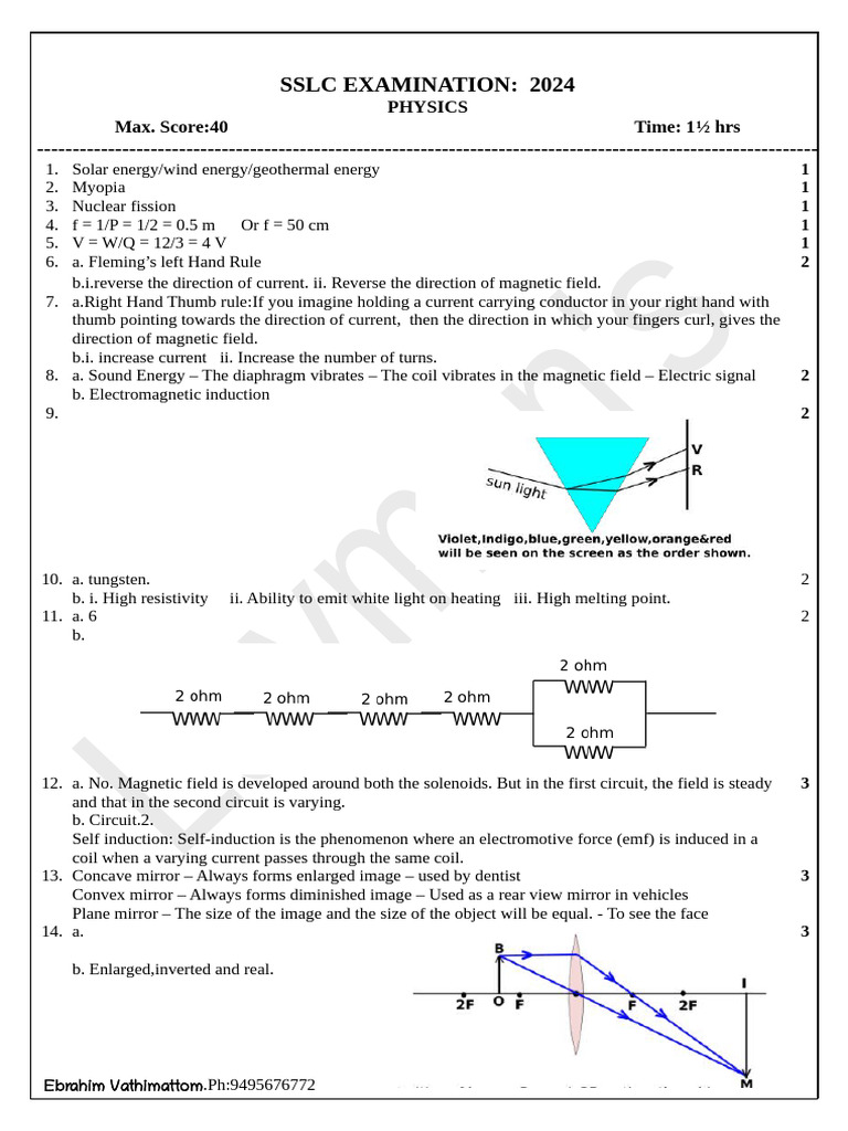 SSLC 2024 Physics Answer Key | PDF | Inductor | Electromagnetic Induction