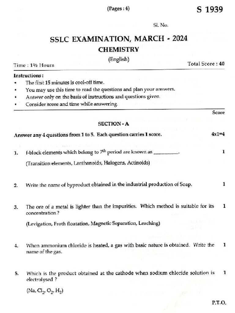 SSLC Model Exam Chemistry Question Paper March 2024 EM | PDF