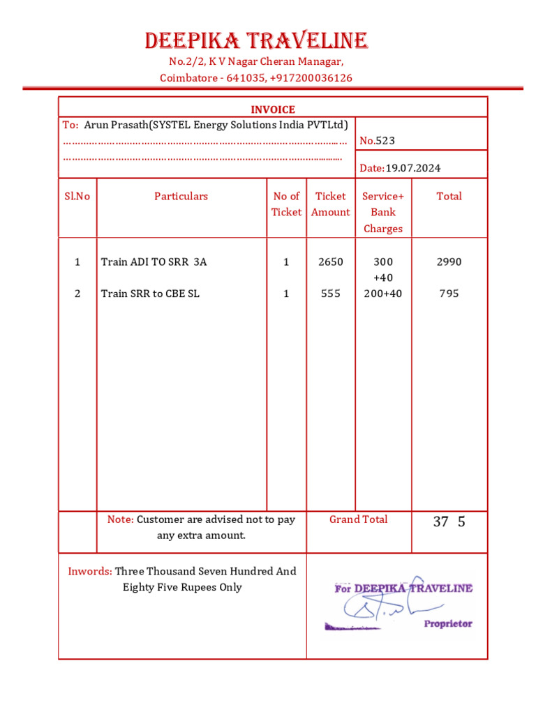 Train Ticket Invoice for Arun Prasath | PDF
