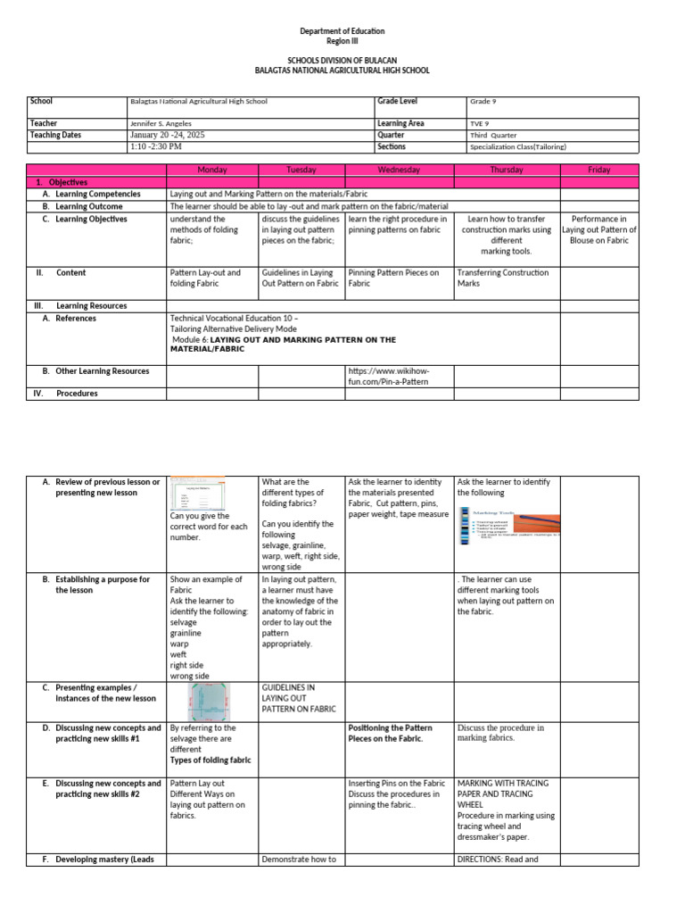 Grade 9 Tailoring Lesson Plan | PDF | Learning | Textiles