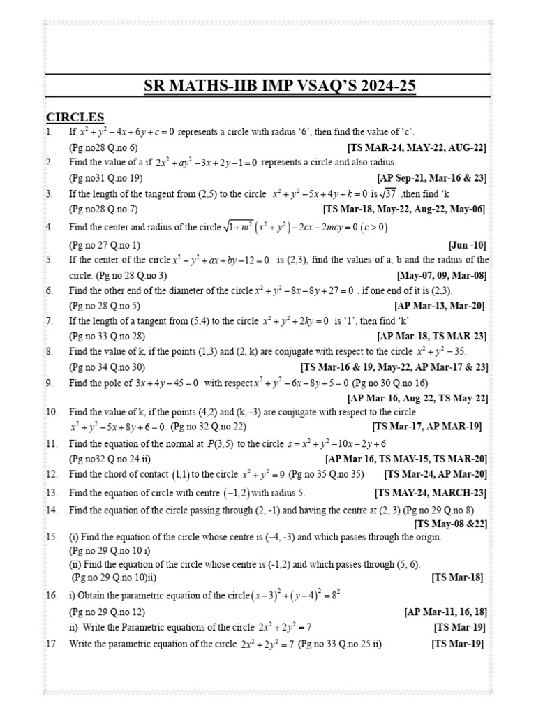 Sr-Maths-Iib Imp Vsaq's 2024-25 | PDF | Circle | Manifold