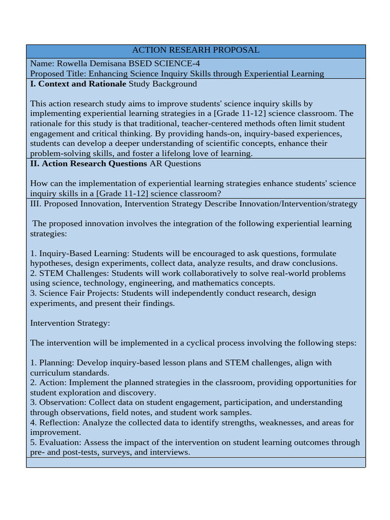 Action Researh Proposal-3lla - 105755 | PDF | Inquiry Based Learning ...