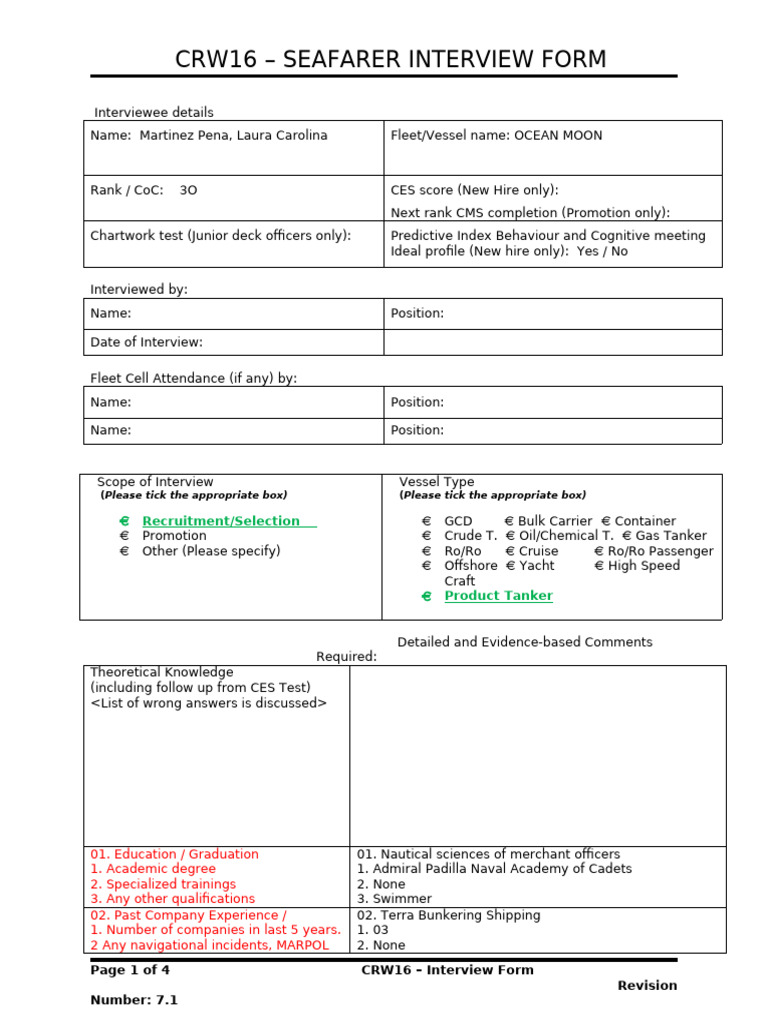 Seafarer Interview Form CRW16 | PDF | Ships | Oil Tanker