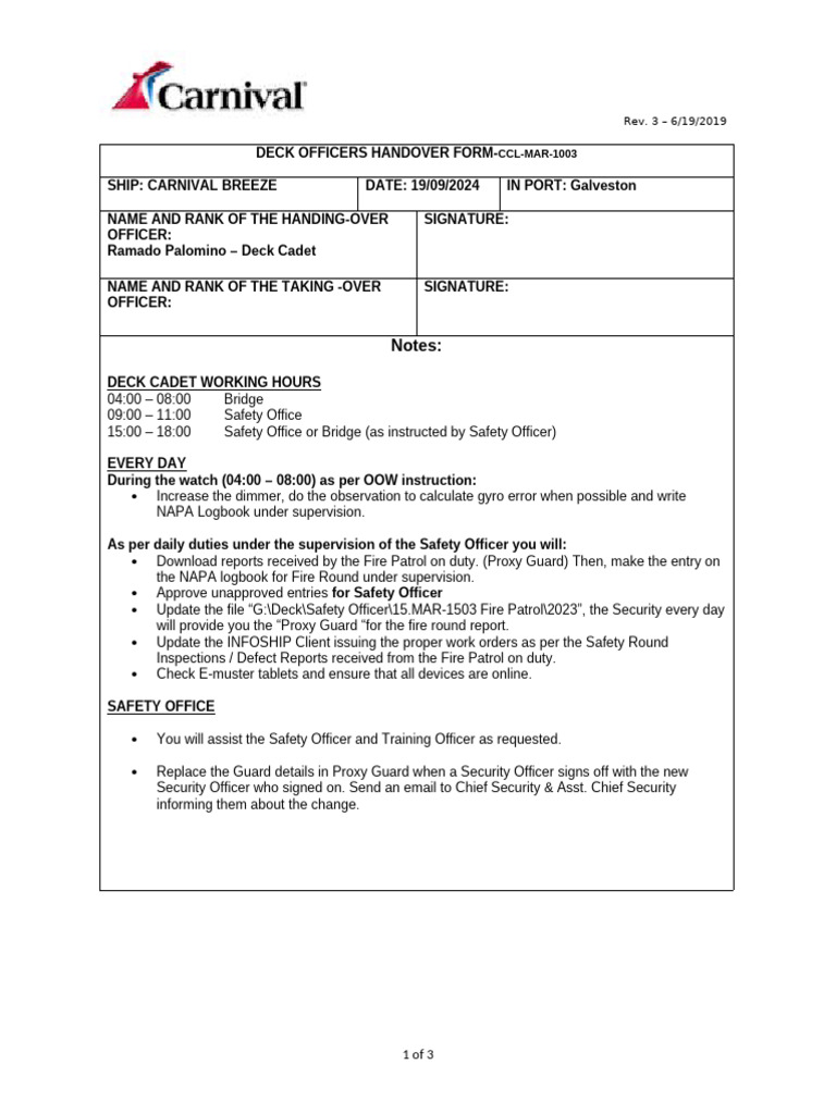 Deck Officers Handover Form - Carnival Breeze | PDF | Ships | Water ...