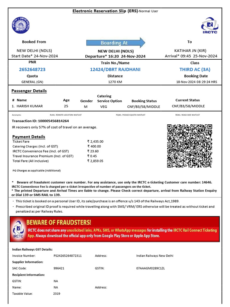 Ndls to Kir 12424 Dbrt Rajdhani Harish 22 (2 Files Merged) (1) | PDF | Identity Document ...
