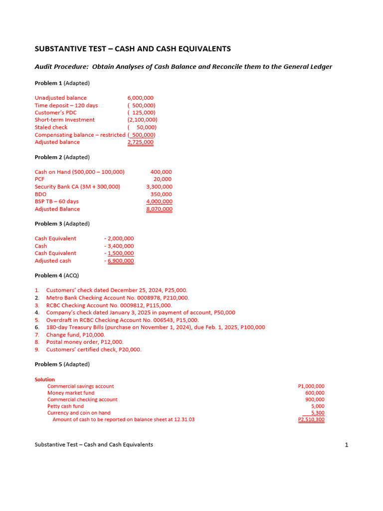 Substantive Tests for Cash Auditing | PDF | Banks | Debits And Credits