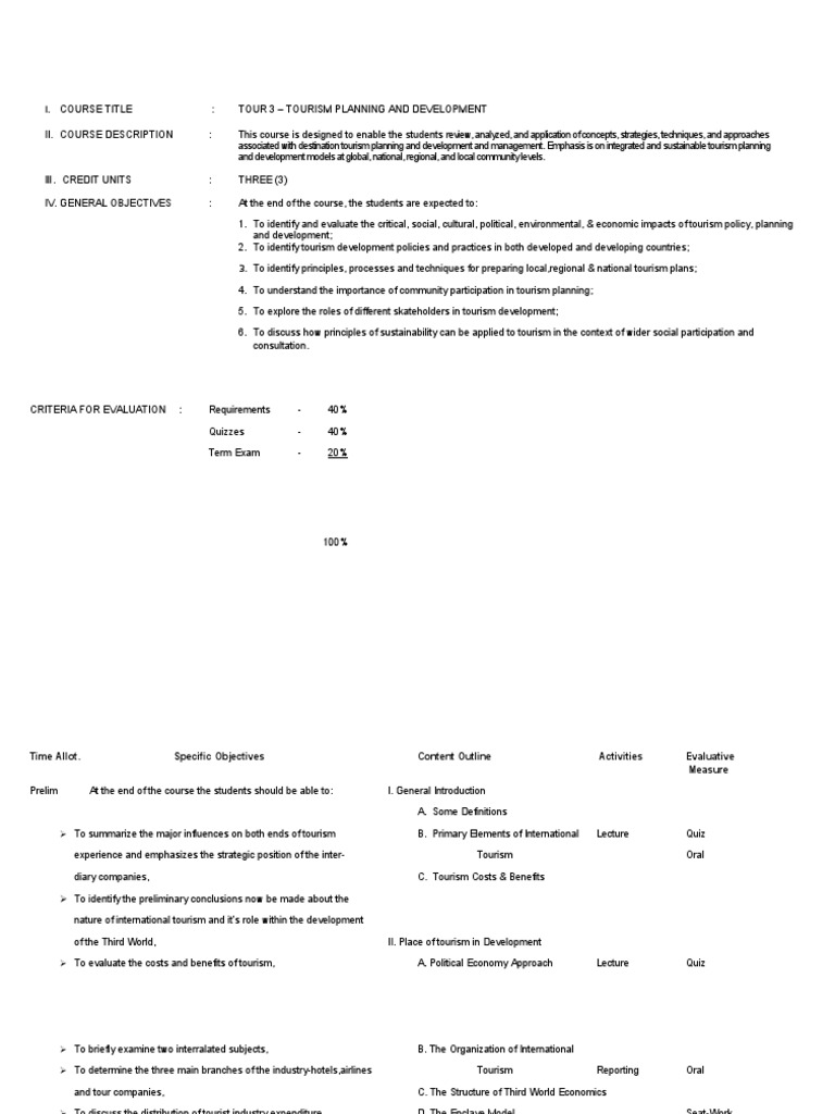 Tourism Planning and Development Course | PDF | Tourism | Evaluation