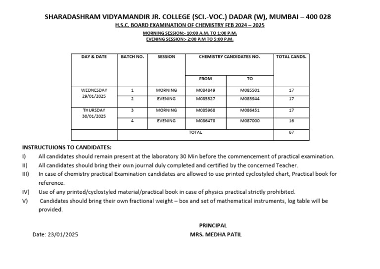 HSC Board Exam 2024-2025 Practical Exam Time Table (1) | PDF