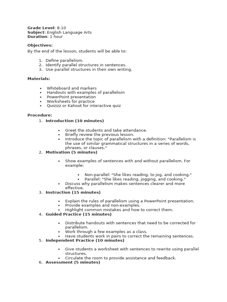 Understanding Parallel Structure in Writing | PDF | Lesson Plan ...