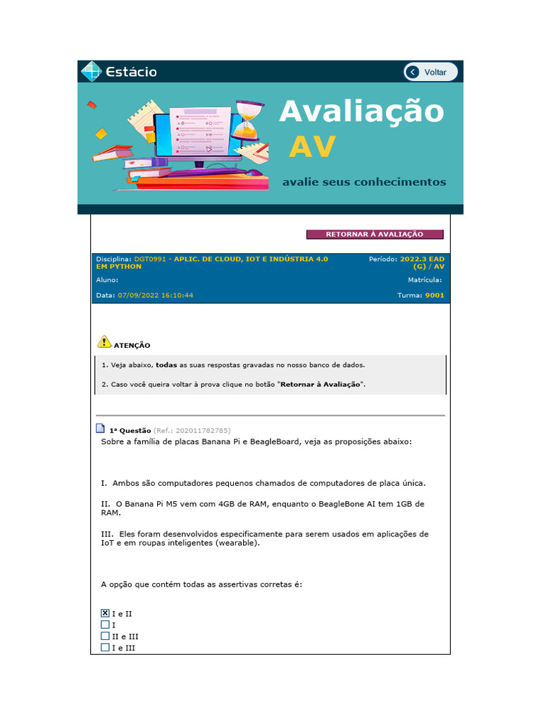 AV Estácio - Nota 10 APLIC. CLOUD, IOT E INDÚSTRIA 4.0 EM PYTHON | PDF | Internet das Coisas | Dados