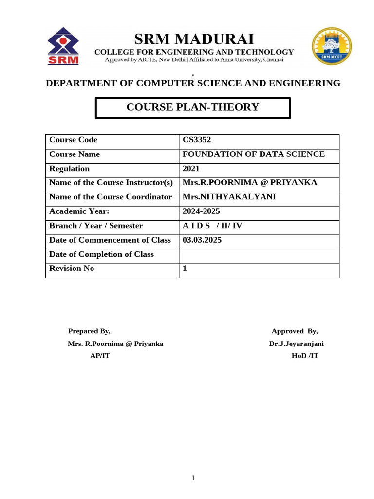 COURSE PLAN - FDS THEORY | PDF | Regression Analysis | Linear Regression