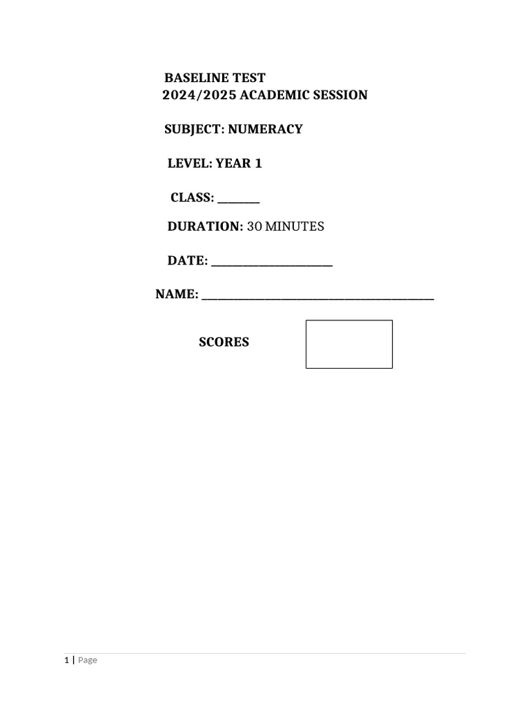 Year 1 Numeracy Baseline Test. | PDF