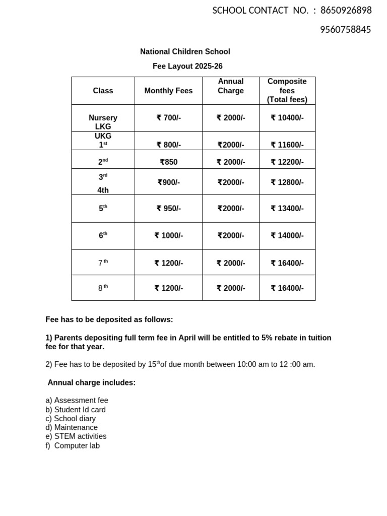 National Children School - Fee - Layout - 25-26 | PDF | Fee | Payments
